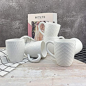Schliersee White Ceramic Coffee Mugs set of 6, Stylish Embossed Coffee Cups Set with Different Patterns, for Coffee, Tea, Milk, Cocoa, Cereal (11.8 Ounce), for Christmas Gift