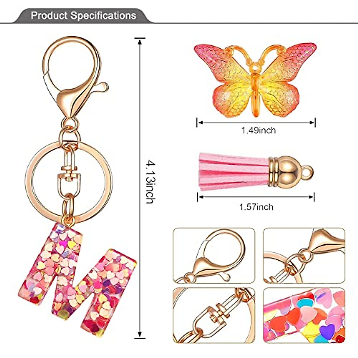 JINGUAZI Initial letter Keychains for Women Tassel Butterfly Pink Cute Car Keychain for Wallet Purses Backpack (Pink M)