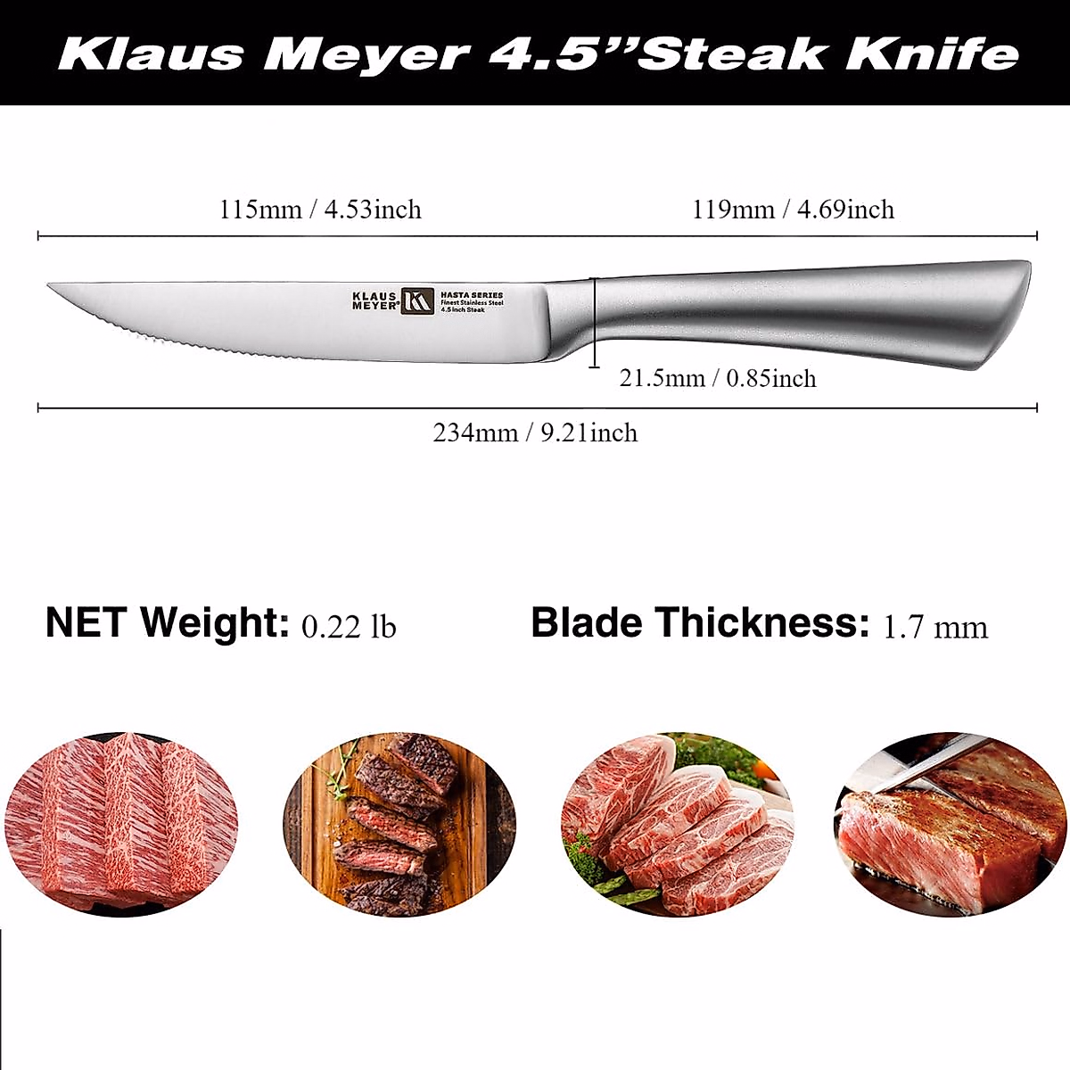 Klaus Meyer Hasta Premium High Carbon Steel 4 Piece 4.5 inch Steak Knife