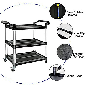 MAYNIYJK Plastic Utility Carts with Wheels, 3-Tier Restaurant Cart, Heavy Duty Rolling Cart Food Service Cart 420LBS, Bus Cart with Lockable Wheels and Rubber Hammer for Warehouse/Kitchen, Black