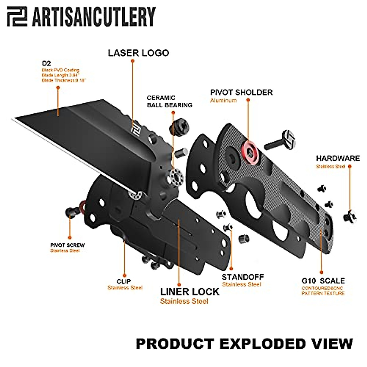 ARTISANCUTLERY Tactical Knife Proponent (1820P) D2 Steel Black PVD Blade Black G10 Handle Pocket Knife Folding Knife EDC Knife