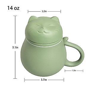 Ceramic Tea Mug with Infuser and Lid Cute Lucky Cat Design Coffee Mug with Lid Ceramic Tea Cup with Filter for Steeping Loose Leaf (Green)