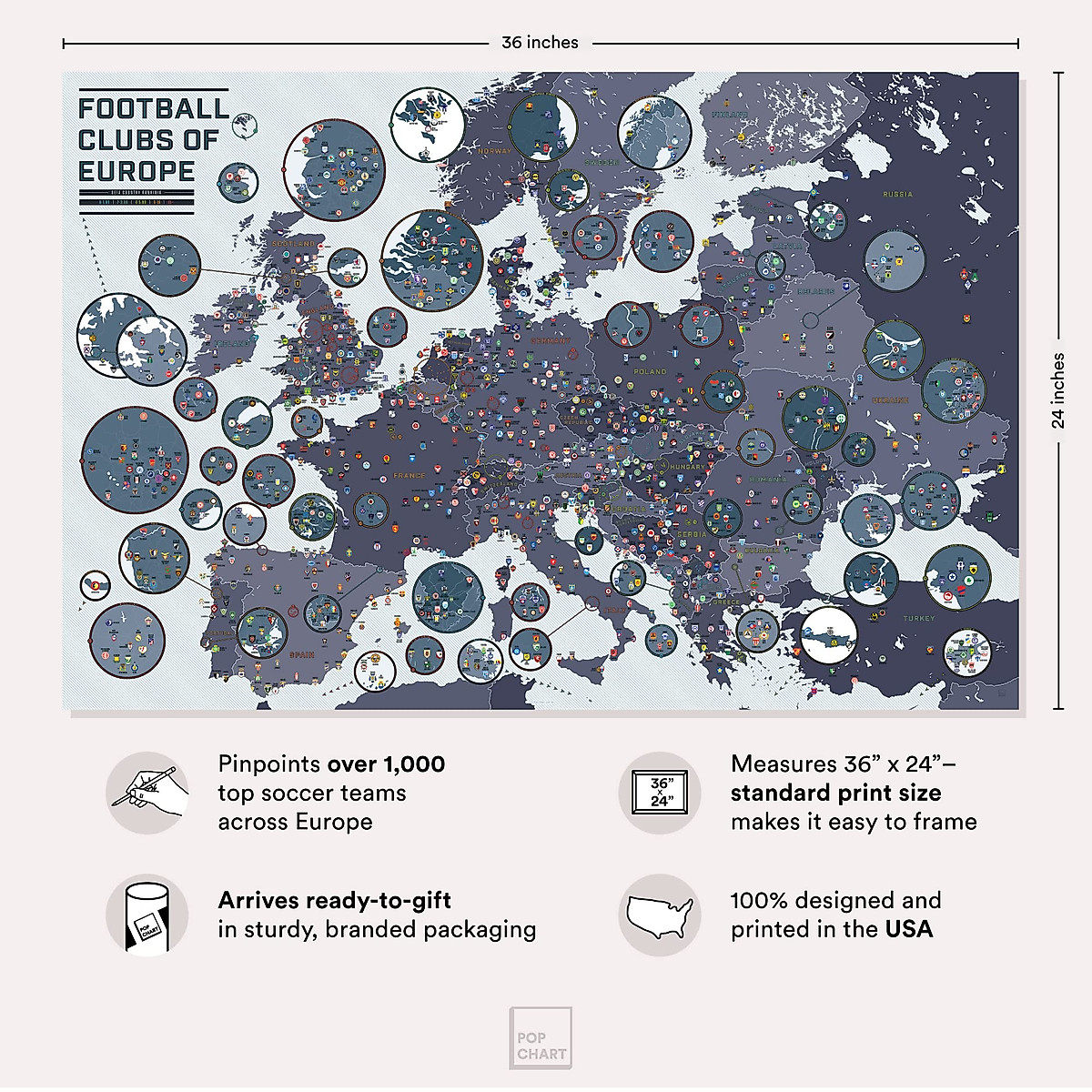 Pop Chart | Football Clubs of Europe | 36" x 24" Large Wall Art | Soccer Poster Featuring Over 1000 Clubs on a Massive Map | Sports Wall Decor for Living Room, Bedroom, and Man Cave