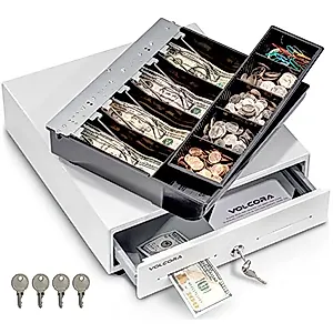Volcora 13" Cash Register Drawer for Point of Sale (POS) System with Fully Removable 2 Tier Cash Tray, 4 Bill/5 Coin, 24V, RJ11/RJ12 Key-Lock, Double Media Slot, Small Square Money Drawer, White