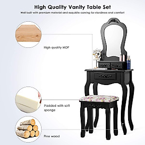 SPSUPE Vanity Table Set with Stool & Mirror, Multifunction Makeup Table Writing Desk with Drawers, Fan-Shaped Mirror & Cushioned Stool, for Home Bedroom Contemporary Dressing Table Desk, White