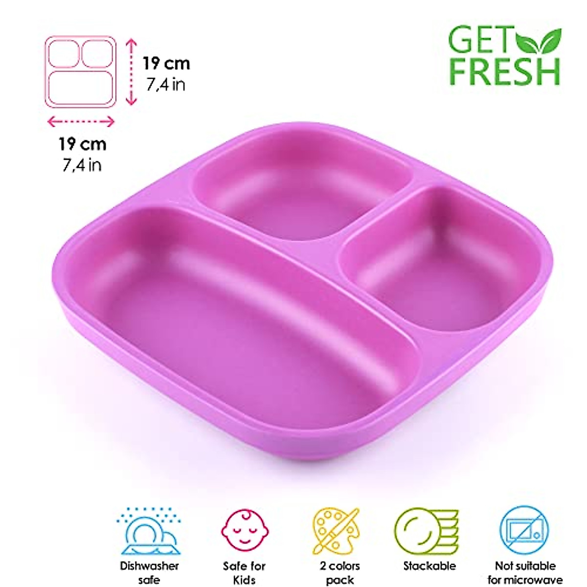 GET FRESH Bamboo Kids Divided Plates Set – 2-Pack 3 Compartment Bamboo Childrens Plates for Kids Meals – Reusable Bamboo Toddler Divided Plates Set – Colorful Bamboo Kids Dinnerware Sectioned Plates