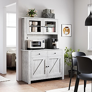 IDEALHOUSE Kitchen Pantry Cabinet with Microwave Stand, Freestanding Hutch with Drawers, Doors & Adjustable Shelves, Buffet Cabinet with Storage, Food Pantry for Kitchen, Dining Room, Grey