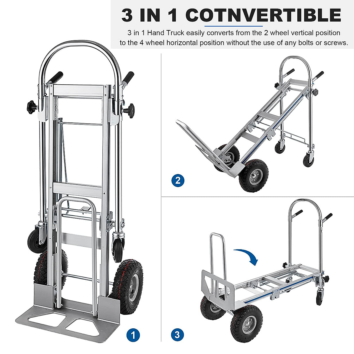 TOPDEEP 3in1 Aluminum Hand Truck,Convertible Hand Truck Dolly Large Size 1000 lb Capacity, Utility Cart Converts from Hand Truck to Platform Cart with 10" Hi Tech Rubber Wheels