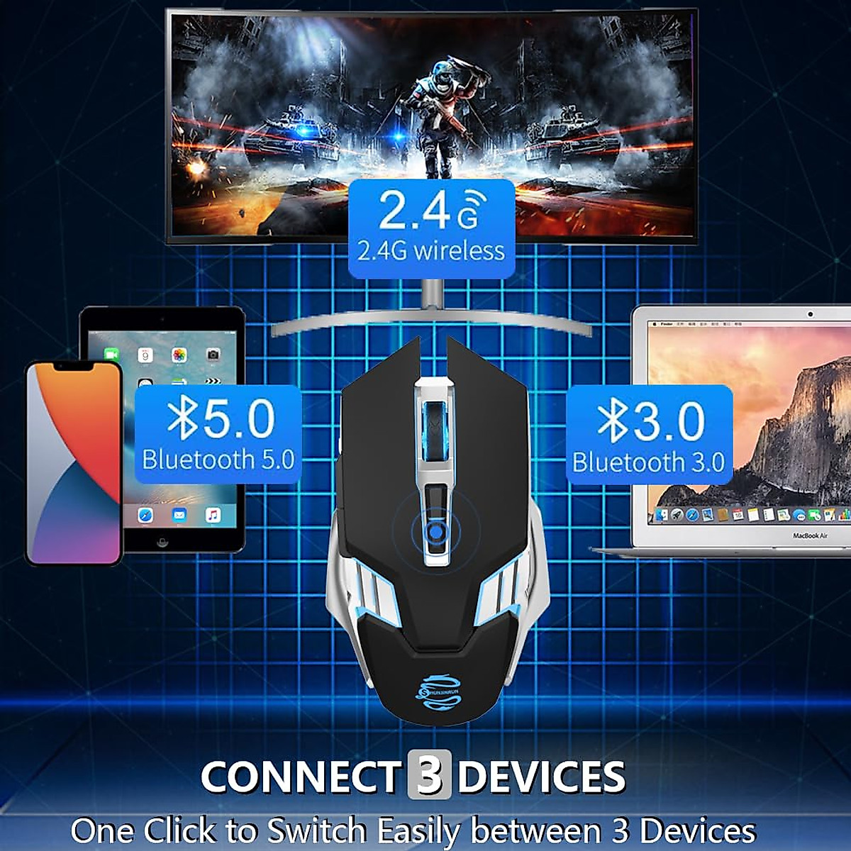 Wireless Gaming Mouse Bluetooth Mouse, RGB Rechargeable Multi Device Mouse, Quiet Click, 7-Color Backlit, LED Light up Computer Mice for Laptop PC iPad Tablet MacBook Chromebook Office Games - Black