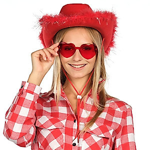 Funcredible Red Cowboy Hat and Glasses - Fluffy Cowgirl Hat with Star for Girls - Cowboy Hat with Feathers - Cowgirl Accessories - Halloween Accessories for Women