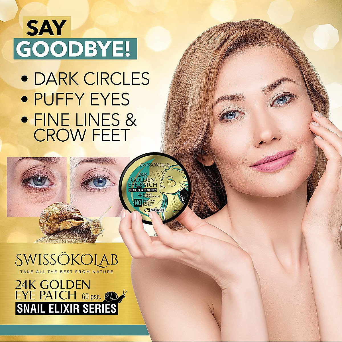 SWISSÖKOLAB Under Eye Patches For Puffy Eyes 24k Gold Eye Mask Dark Circles And Puffiness Collagen Eye Gel Pads Moisturizing & Reducing Wrinkles Anti-Aging Hyaluronic Acid (Snail Series)