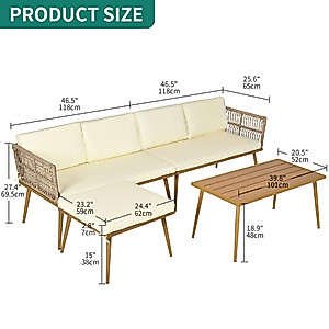 YITAHOME 4 Pieces Patio Furniture Set, Outdoor Rattan Woven Conversation Sectional L-Shaped Sofa with 5 Seater for Backyard, Porch, Boho Detachable Lounger with Cushions and Side Table - Beige