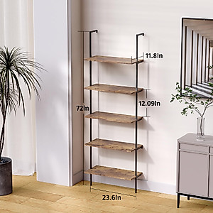 Dosker Bookshelf 5-Tier Industrial Ladder Shelf,Brown Shelves Wall Mounted Bookshelf Open Storage Rack Display Shelf Plant Stand for Living Room Kitchen Home Office Bedroom
