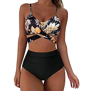 SUUKSESS Women High Waisted Bikini Criss Cross Swimsuits Push Up Bathing Suits (L, Retro Floral Black)