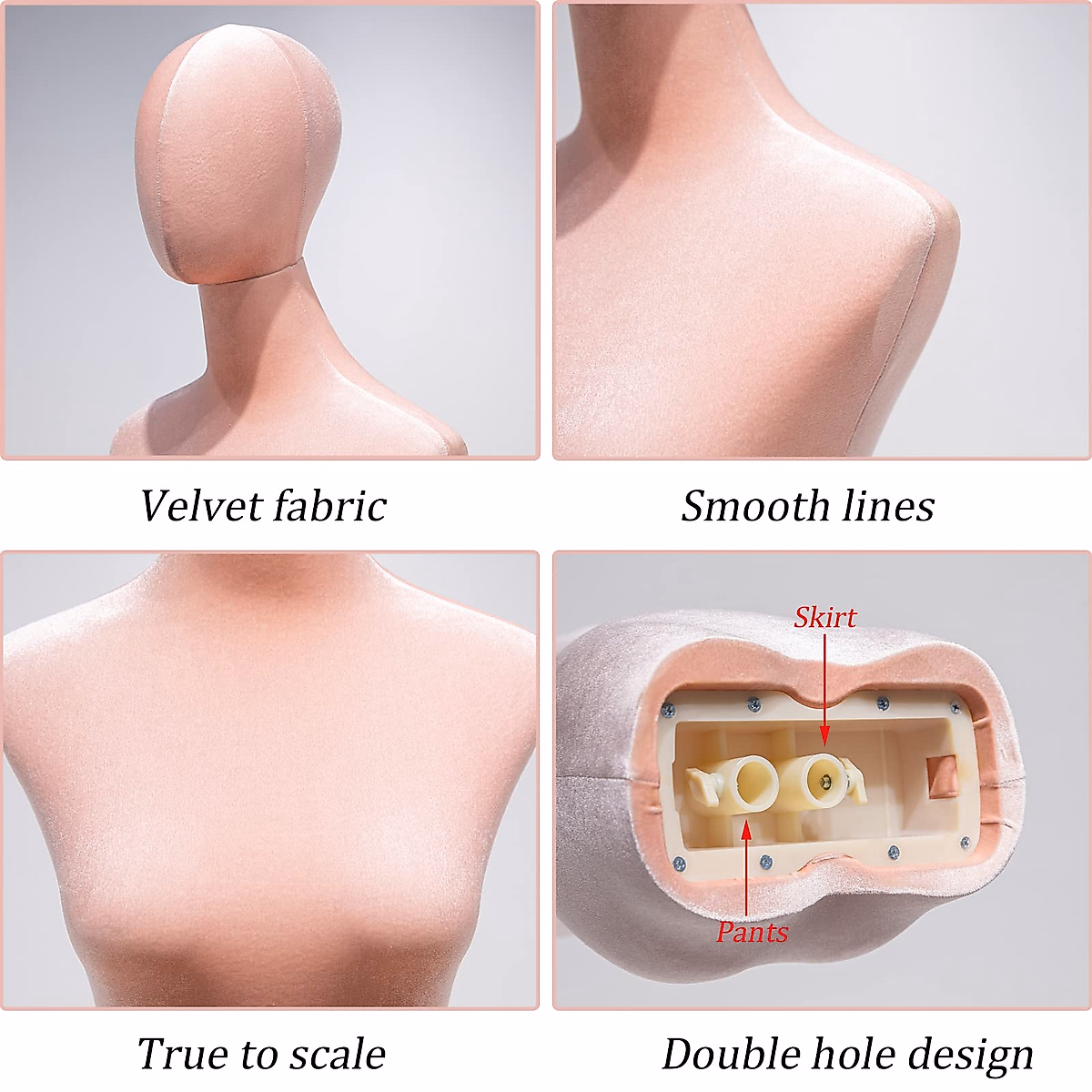 Female Dress Form, Pink Velvet Mannequin Body with Metal Stand, Detachable Dress Form for Retail Clothing Shops, Trade Shows, Online Boutiques, Craft Shows, Jewelry Display, Height Adjustable