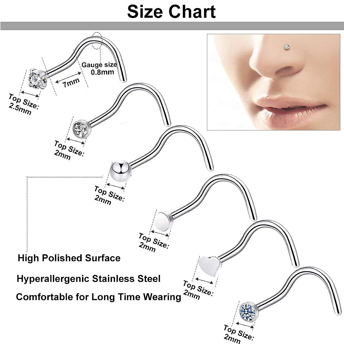 ONESING 36 Pcs Nose Rings for Women Nose Piercings Jewelry Nose Studs 20G Nose Rings Hoop Screw Stainless Steel for Women Men