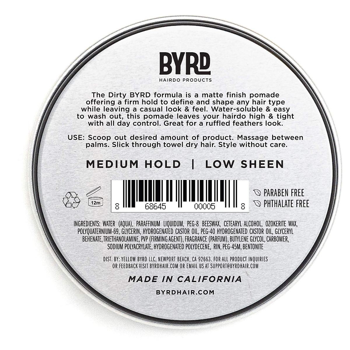 BYRD Hair Matte Pomade - Medium Hold, No Sheen, For All Hair Types, Mineral Oil & Paraben Free, Phthalate & Sulfate Free, Cruelty-Free, Water Based, 3.35oz