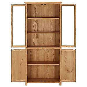 vidaXL Solid Wood Oak Bookcase with 4 Doors Shelf Cabinet Display Storage Unit Living Room Studio Office Freestanding Organizer 31.5" Glass
