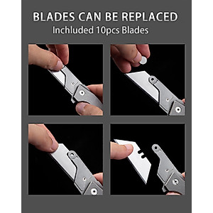 ainhue A373 Pocket Folding Flipper Utility Knife, 10pcs Replaceable Blades, 3.73 inches Stonewashed Titanium Handles Pocket Clip, Compact High-end Art Craft Wallpaper Cutter Electrician Knives