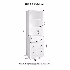 TUSY 71" Bookshelf Bookcase, 3-Tier Modern Bookshelves 3 Large Drawer, Wood Filing Cabinet with Open Storage Shelf, Glass Doors 5-Tier Fixed Storage Shelves for Home Office