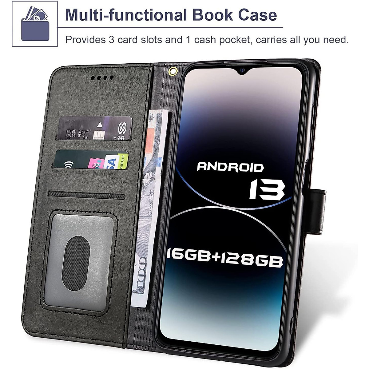 for Ulefone Note 16 Pro Case and Tempered Glass Screen Protector,PU Leather Flip Cover Wallet Phone Case Protector [Full Protection][Card Slots][Kickstand] for Ulefone Note 16 Pro 6.52”, Black