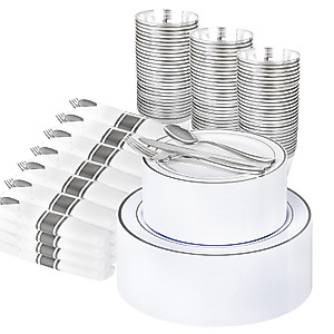 WELLIFE 350Pcs Silver Plastic Plates with Disposable Silverware and Cups, Include: 50 Dinner Plates 10.25”, 50 Dessert Plates 7.5”, 50 Silver Rim Cups 9 OZ, 50 Pre Rolled Napkins Packed in