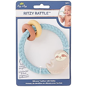 Itzy Ritzy Silicone Teether with Rattle; Rattle Teether Features Rattle Sound, Two Silicone Teething Rings and Raised Texture to Soothe Gums; Ages 3 Months and Up (Sloth)
