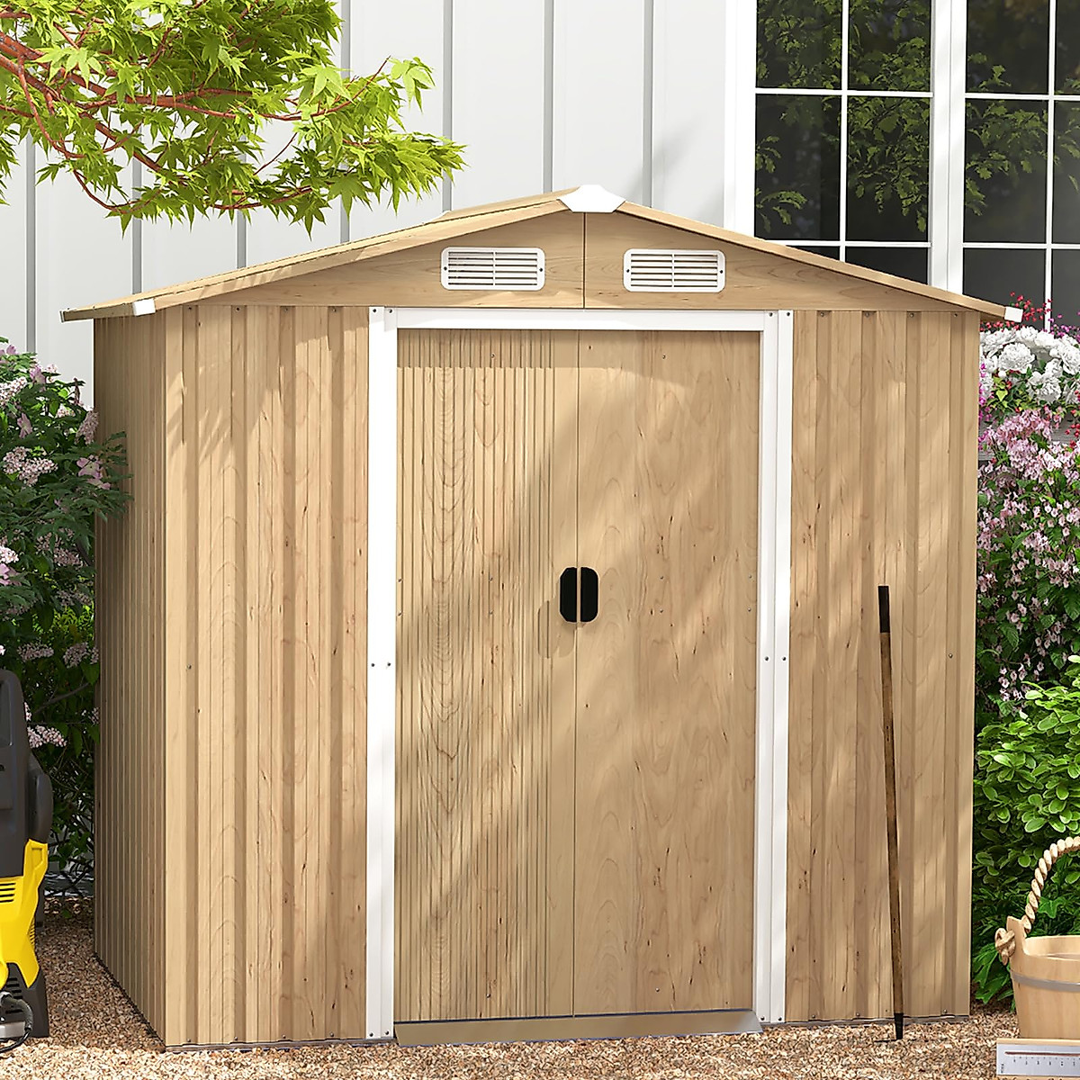 IRONMAX Outdoor Storage Shed, 6x4 FT Galvanized Steel Large Garden Shed w/Lockable Sliding Doors & Air Vent, Wood Grain Style Heavy Duty Waterproof Tool Storage House for Backyard Patio Lawn