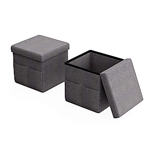 Lavish Home Set of 2 Cube Ottoman with Pockets 15-Inch Folding Foot Rests or Storage Organizers for Bedroom, Living Room, or Dorm, Charcoal Gray