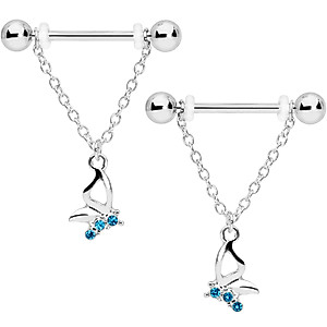Body Candy 14G Womens Nipplerings Piercing Steel 2Pc Blue Accent Butterfly Dangle Nipple Ring Set 5/8"