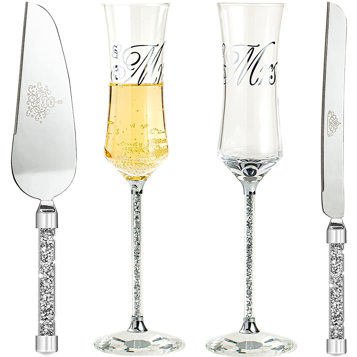 iooiluxry Wedding Champagne Flutes and Cake knife Server Set, Mr and Mrs Champagne Flutes, Bride and Groom Champagne Glasses and Cake Cutting set for Wedding Gifts