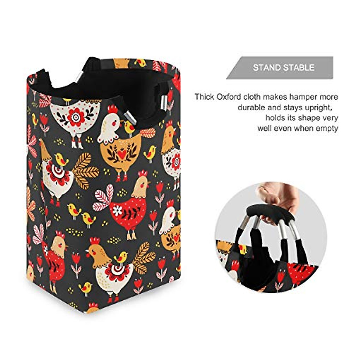 MOYYO Cute Rooster Chickens Laundry Basket Collapsible Laundry Hamper Fabric Laundry Bin Large Dirty Clothes Basket with Durable Handles for Kid Room Toy Bin Bathroom Clothing Organizer