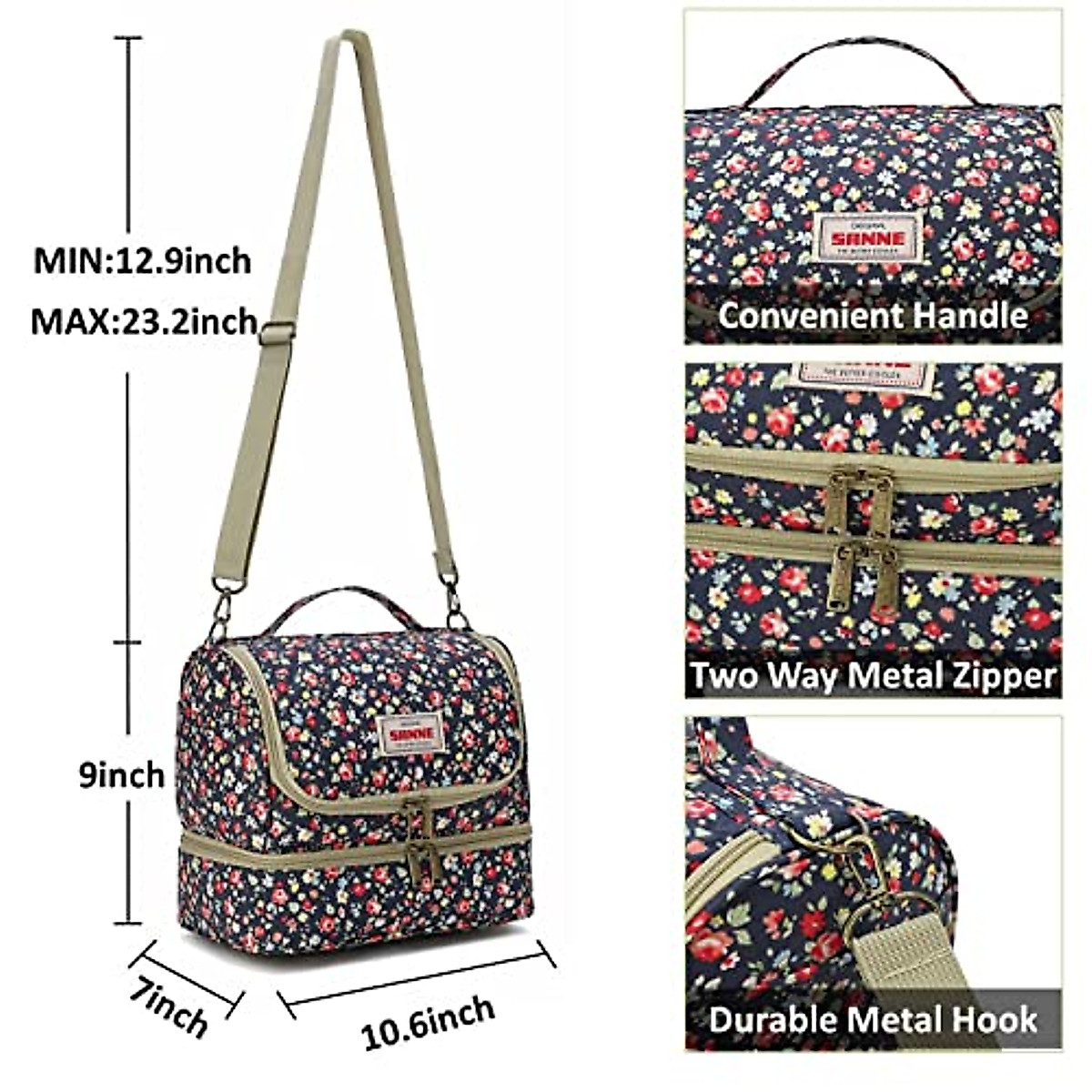 Lunch Bag Tote for Women Men Double Deck Lunch Box with Shoulder Strap Insulated Leakproof Cooler Bag, Blue