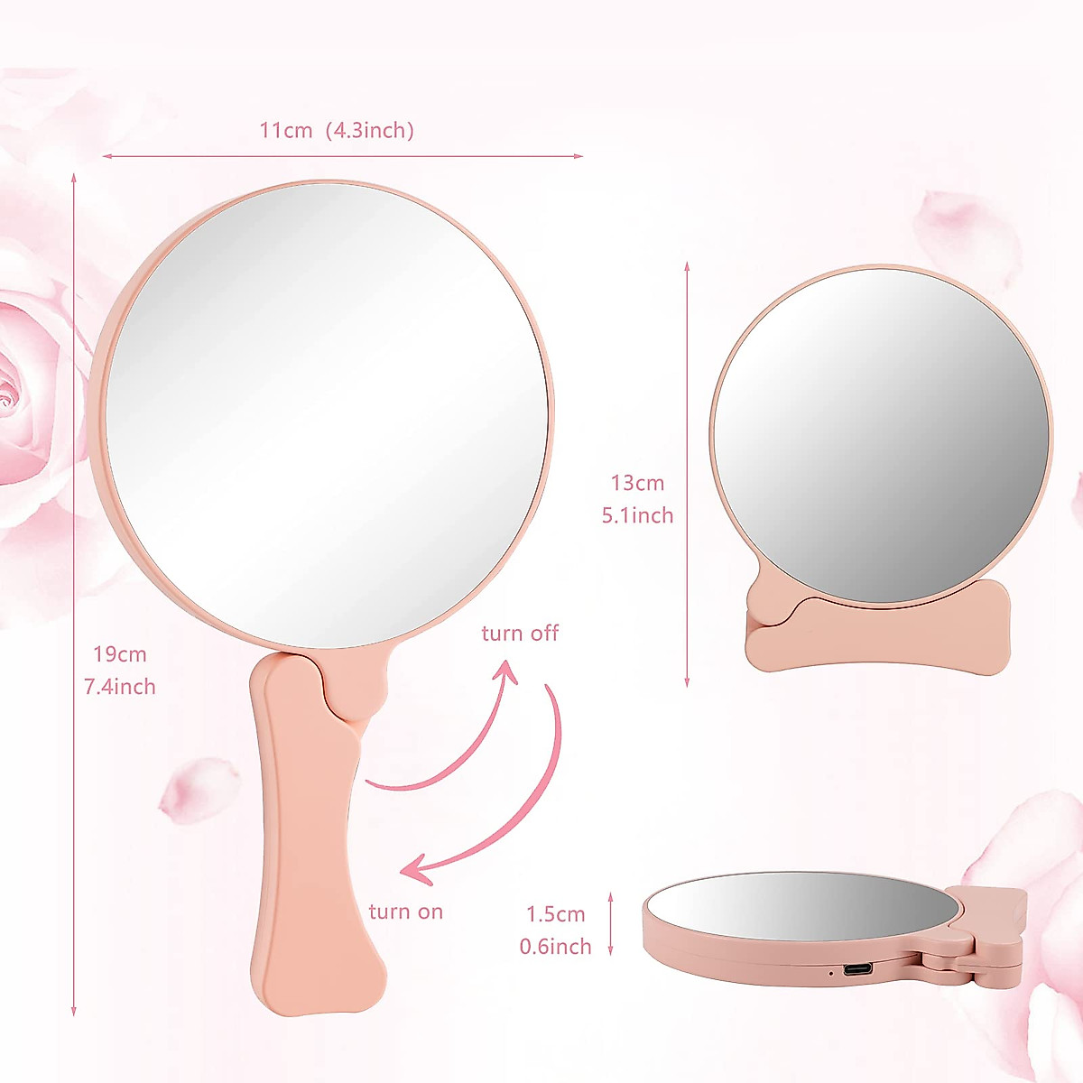 Handheld Mirror with Folding Handle, Round Portable Small Hand Mirror for Travel Makeup, Lightweight, Without Lights (Pink)