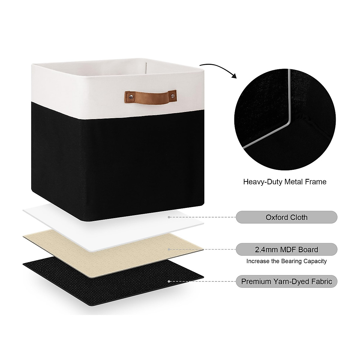 StorageWorks 13x13 Storage Cubes, Collapsible Storage Bins Organizer for Closet, Fabric Storage Box with PU Handles, Black and White, 4-Pack