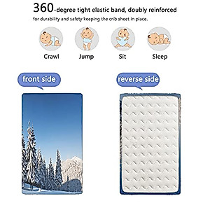 Snow Mountain Themed Fitted Crib Sheet,Standard Crib Mattress Fitted Sheet Soft Toddler Mattress Sheet Fitted-Crib Mattress Sheet or Toddler Bed Sheet,28“ x52“,Sea Blue and Multicolor