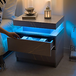 Cubehom LED Nightstands Set of 2, Modern End Table with 2 Drawers, End Tables for Living Room Bedroom Grey