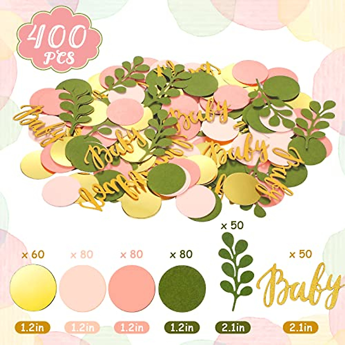 400 Pcs Greenery Baby Shower Confetti Scatter Decorations, Sage Olive Green Table Confetti Dots with Eucalyptus and Gold Baby Confetti Scatter for Baby Shower Gender Reveal Decor