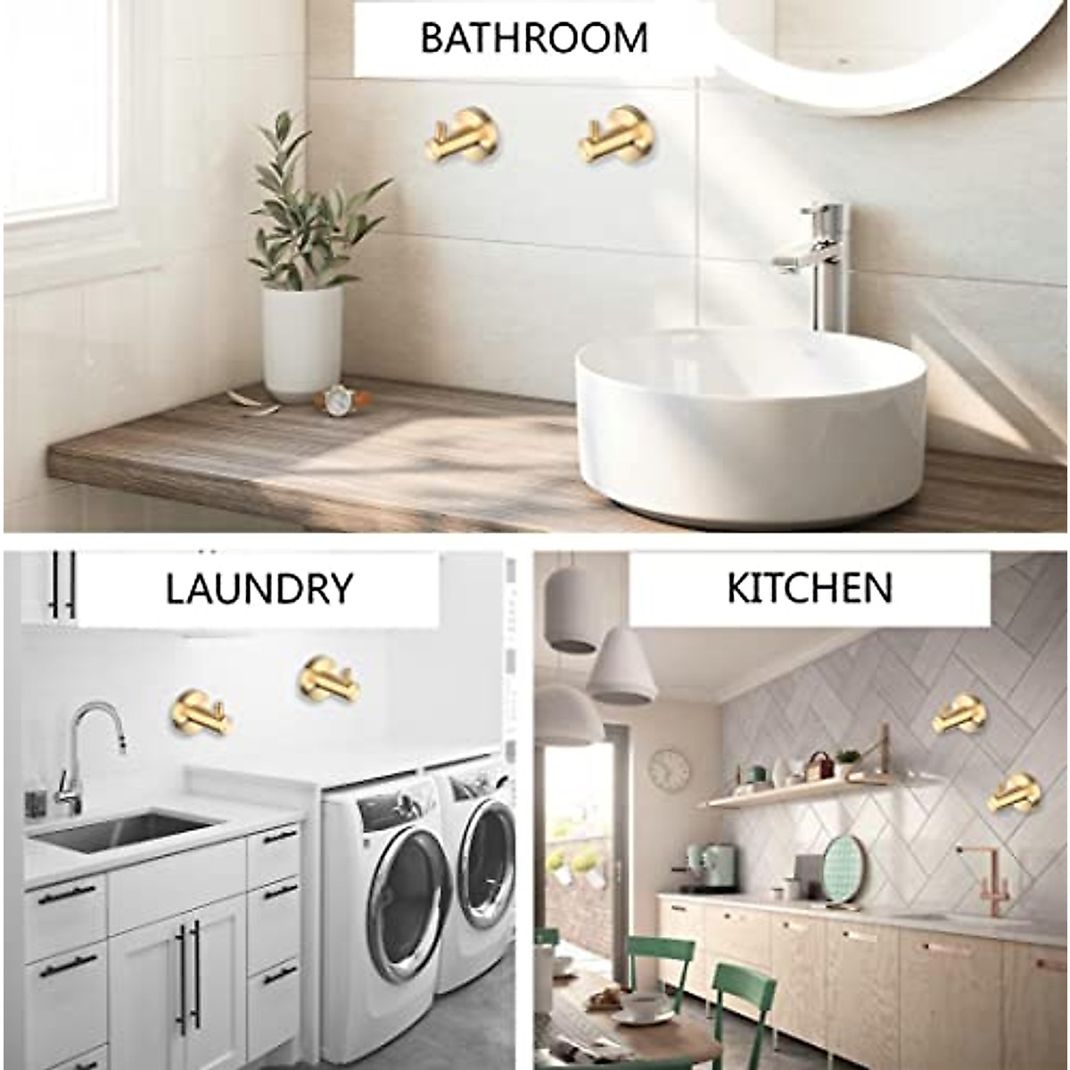 SHUNLI 2 Pack Bathroom Hooks Wall Hook, Brushed Gold Towel Hooks Bath Coat Robe Hanger Holder, SUS304 Stainless Steel Heavy Duty Wall Mounted Hook