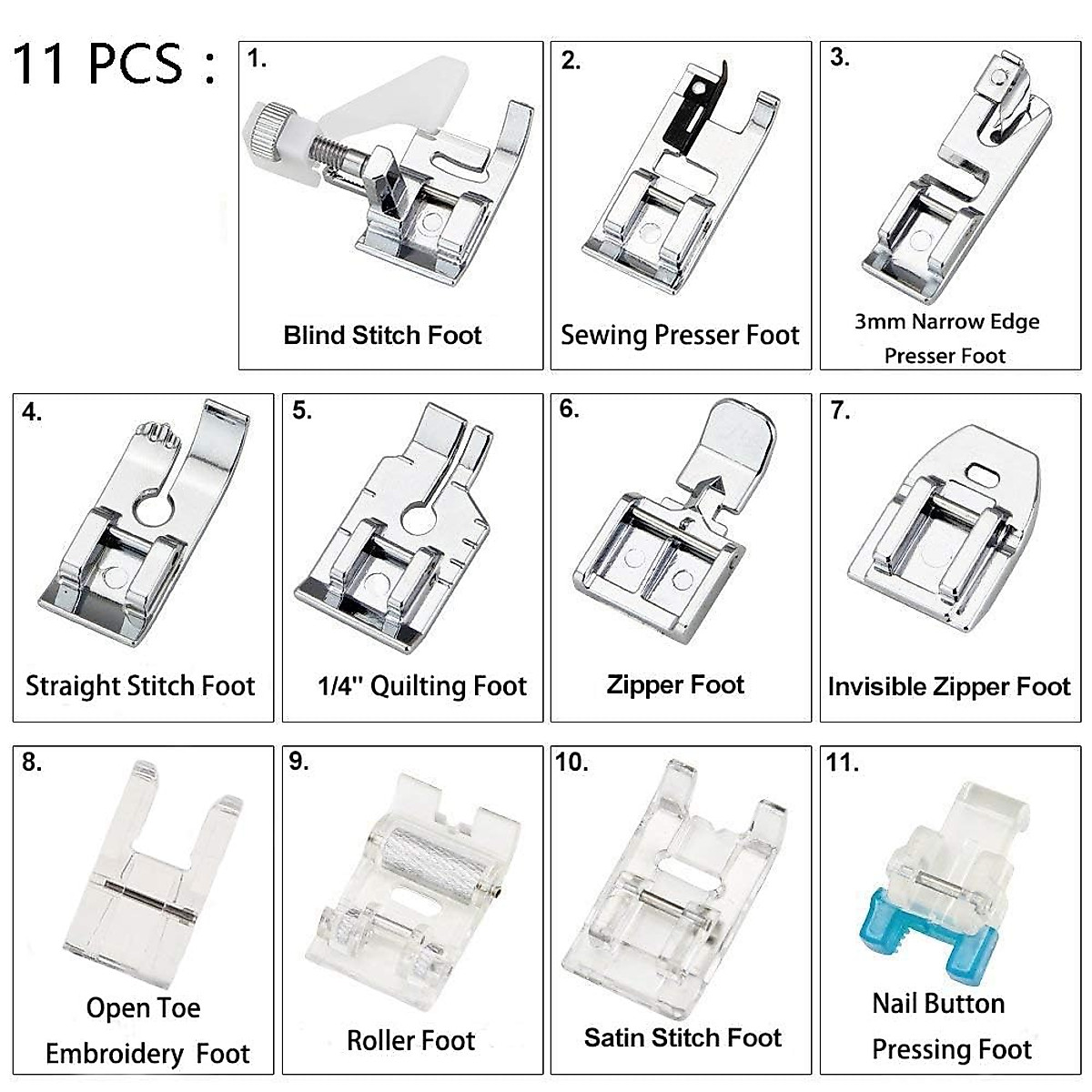 11Pcs Presser Feet, Sewing Machine Kit Household DIY Spare Parts Accessories for Sewing Machine Brother Singer Janome Toyota