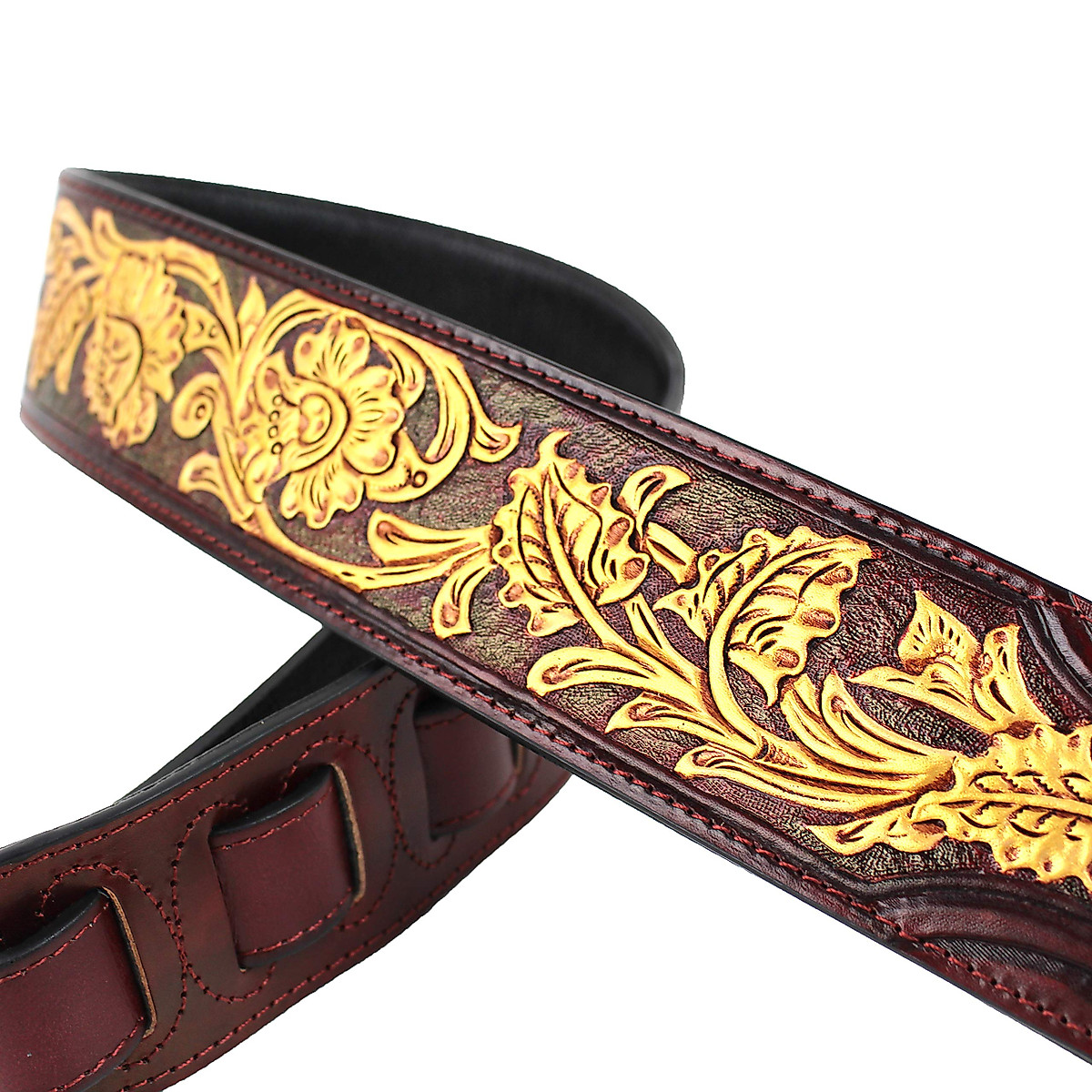 Walker And Williams LHR-37 Handmade Blood Red Premium Carving Leather Guitar Strap With Bright Gold Western Sheridan Carving Pattern And Padded Leather Back For Acoustic, Electric, And Bass Guitars