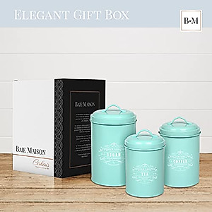 Baie Maison Large Turquoise Farmhouse Canister Sets for Kitchen Counter Airtight - Set of 3 Rustic Coffee, Sugar Tea Storage Containers - Teal Decor Jars - Vintage Kitchen Canisters Set for Countertop