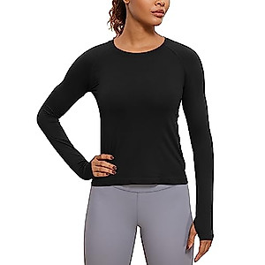 CRZ YOGA Womens Seamless Ribbed Workout Long Sleeve Shirts Quick Dry Gym Athletic Tops Breathable Running Shirt Black Medium