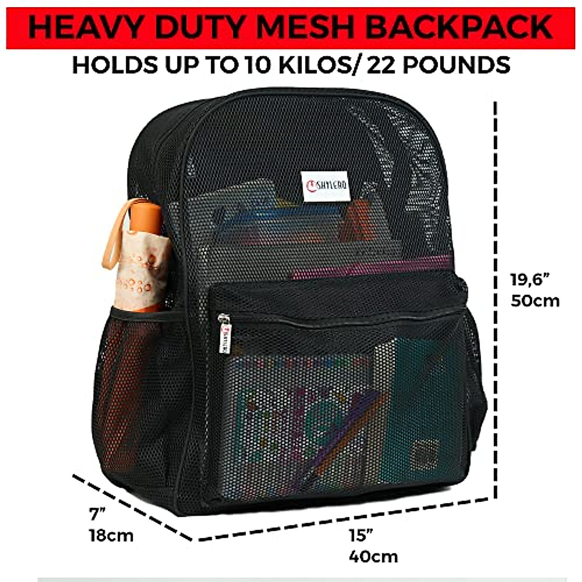 SHYLERO Mesh Backpack XXL (36L) - Lightweight Heavy-Duty Clear Backpack Made of Reinforced 3D Mesh - H19.6 xW15 xD7