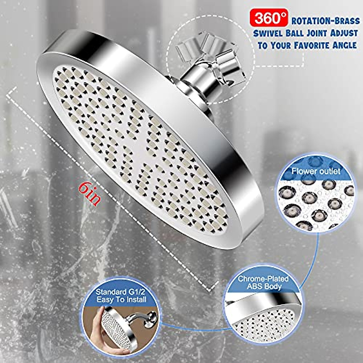 BANSA ROSE Shower Head, High Pressure Shower Heads Chrome Plated Exterior with Adjustable Ball Joint Rain Shower Head for Bathroom Luxury Shower-6 Inch(2.5 GPM)