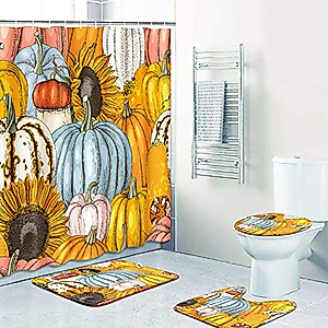 ArtSocket 4 Pcs Shower Curtain Set Pumpkin Gourd Sunflower Autumn Orange Harvest Season with Non-Slip Rugs Toilet Lid Cover and Bath Mat Bathroom Decor Set 72" x 72"