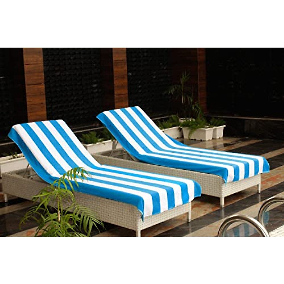 COTTON CRAFT Pool Lounge Chair Cover - 2 Pack - Chaise Beach Picnic Spa Towel - Cabana Stripe - Soft Premium Ringspun Terry Cotton - Oversized - 32 inch Wide x 82 inch Long with 7 inch Pocket – Aqua