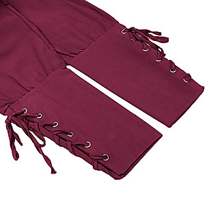 Men's Ankle Banded Cuff Renaissance Pants Medieval Viking Navigator Trousers Pirate Cosplay Costume with Drawstrings Wine Red-2XL