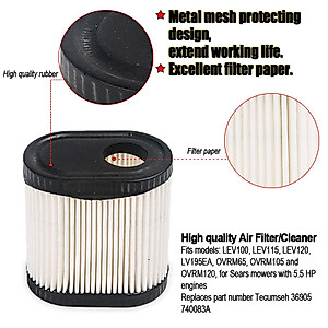HIFROM (2 Set Air Filter with Spark Plug Compatible with Tecumseh LEV100 LEV115 LEV120 OVRM65 with 5.5 HP Engines 36905 740083A