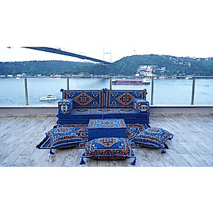 Royal Blue 8" Thickness Arabic Floor Sofa, Meditation Yoga Loveseat, Sectional Sofa, Arabic Majilis, Healing Room Floor Cushion, Sofa Covers (Sofa Full Set)